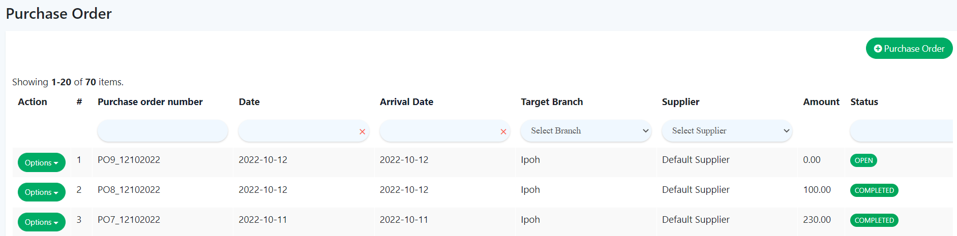 Purchase Order – Main Page – BIGPOS Support