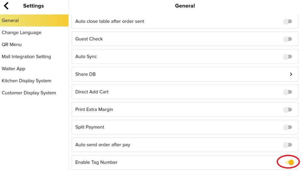 Settings – Tag Number Feature in Table Number Mode – BIGPOS Support